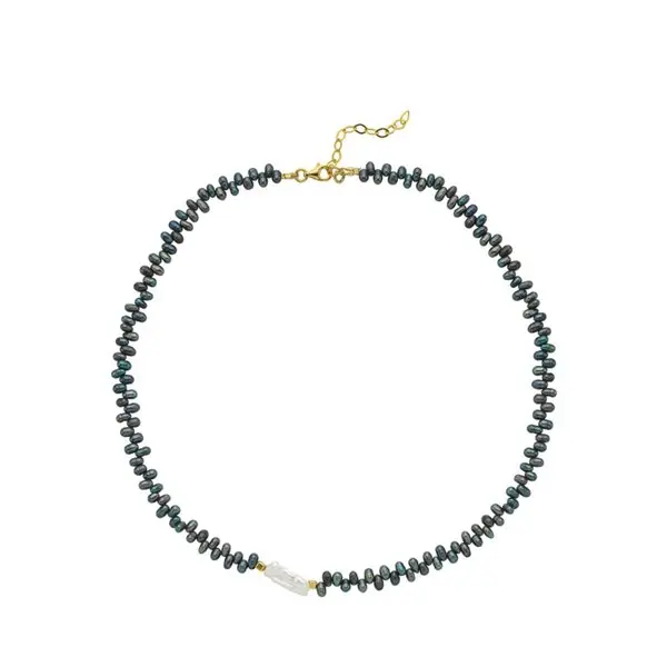 LINYA JEWELLERY Oden Asymmetric Black Baroque Pearl Necklace - White