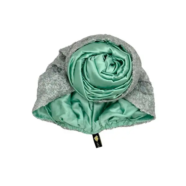 JULIA CLANCEY Edith Glitz & Sage Silk Turban - Silver