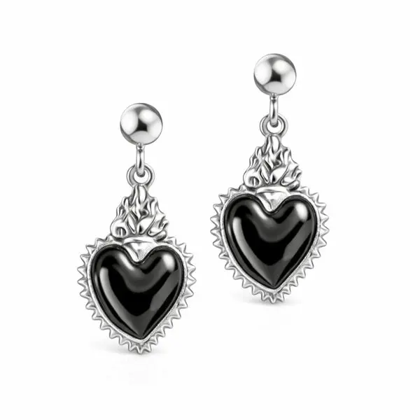 UNALOE Silver / Black Silver Earrings With Black Heart Pendant– Sacred Heart Style, Handmade Jewelry, Elegant Earrings - Silver/black