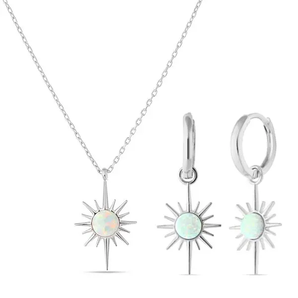 SPERO LONDON White Opal Northernstar Sterling Pendant Necklace & Earring Set - Silver