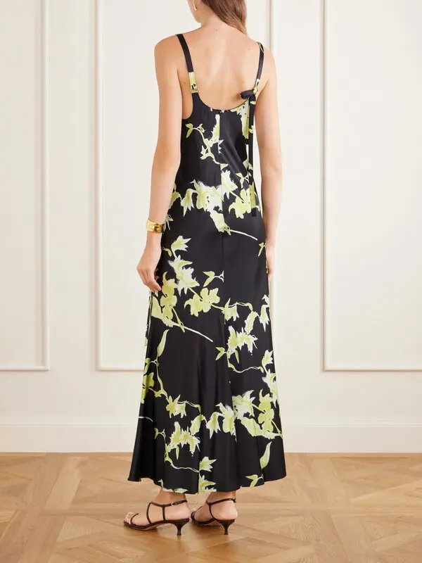 Sportmax Balia Floral Print Gathered Satin Maxi Dress