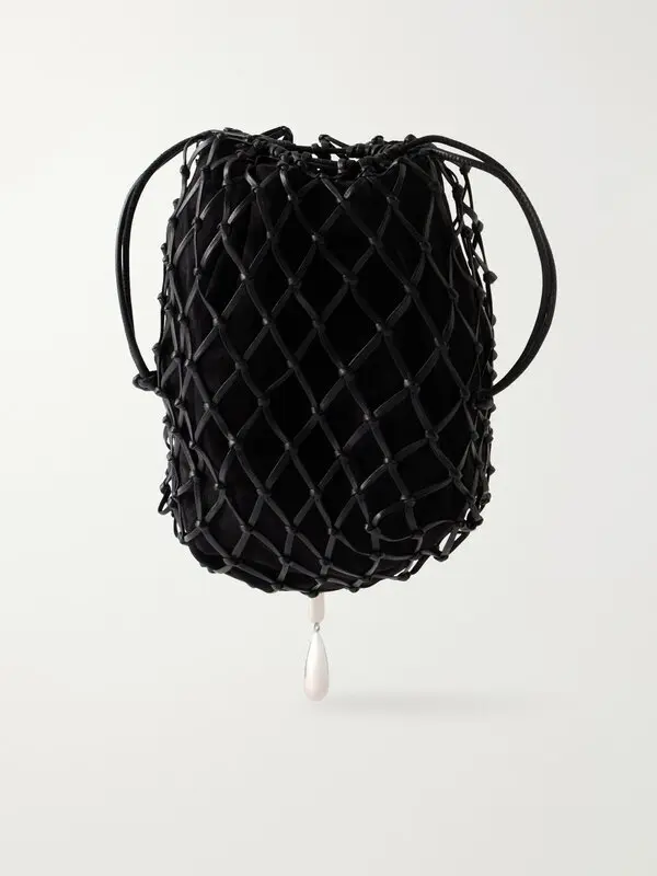 Savette Macrame Bead-embellished Suede-trimmed Leather Pouch - Black