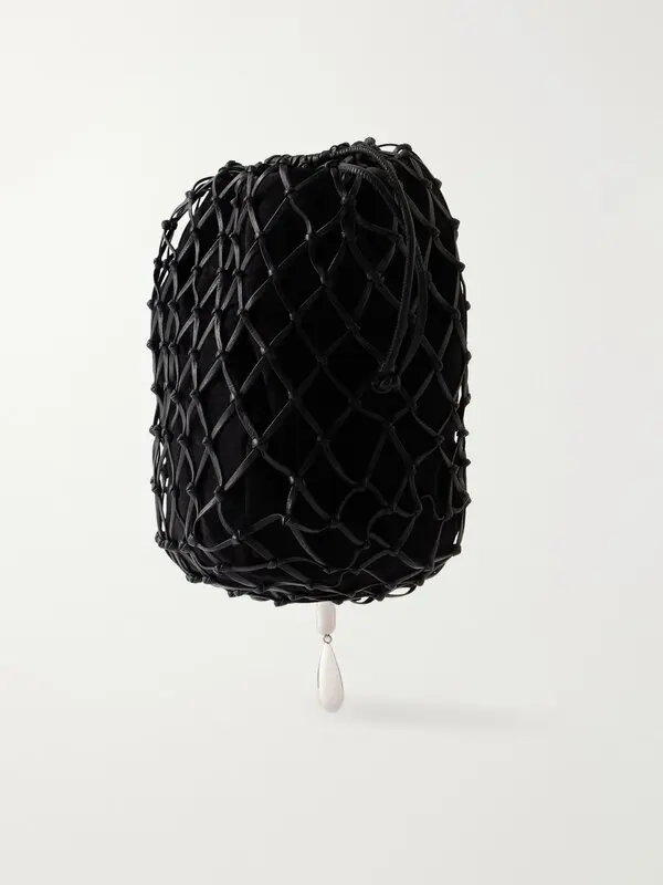 Savette Macrame Bead-embellished Suede-trimmed Leather Pouch