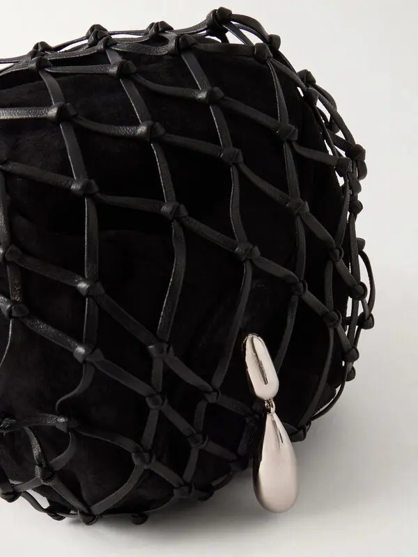 Savette Macrame Bead-embellished Suede-trimmed Leather Pouch