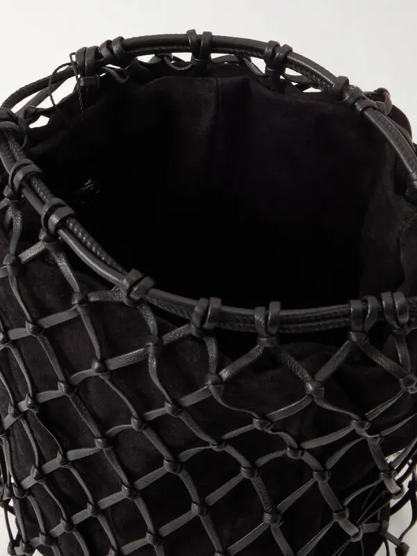 Savette Macrame Bead-embellished Suede-trimmed Leather Pouch