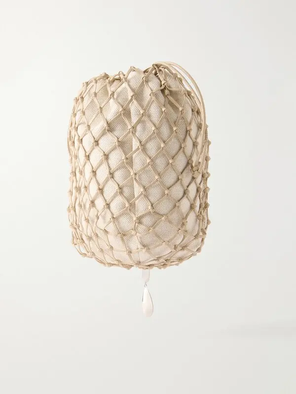 Savette Macrame Bead-embellished Canvas-trimmed Leather Clutch - Neutrals