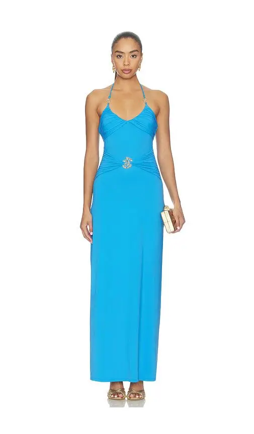 RUNAWAY THE LABEL Nina Ruched Halter Maxi Dress In . Also - Blue