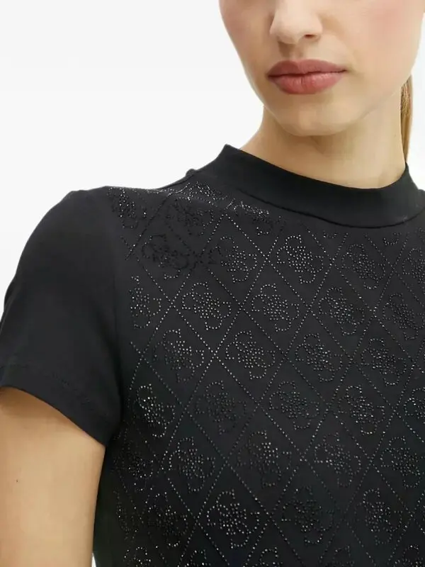 Guess Rhinestone Embellished Logo Pattern Mock Neck Short Sleeve T-shirt - Black