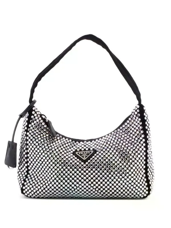 Prada Re-edition 2000 Crystal Embellished Satin Mini Hobo Bag - Black