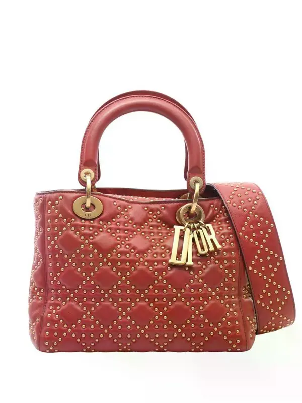 Dior 2010-2026 Medium Lambskin Cannage Studded Supple Lady Satchel - Red