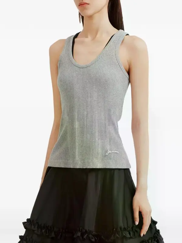 GANNI Ribbed Knit Logo Embroidered Tank Top