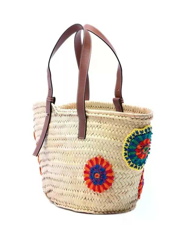 Loewe 2018 Large Floral Embroidered Raffia Basket Tote Bag
