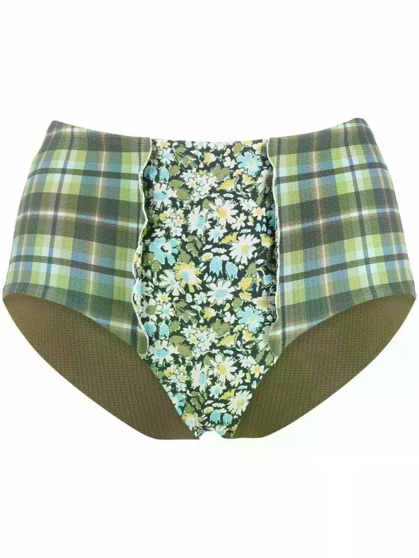 Marysia Plaid And Floral-print Bikini Bottoms - Green