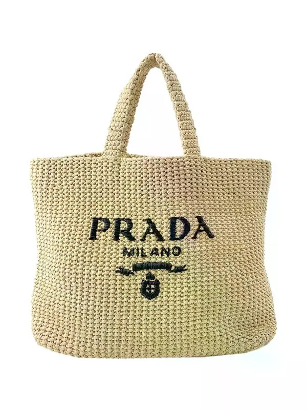 Prada 2013-2026 Large Raffia Effect Crochet Embroidered Logo Tote Bag - Neutrals