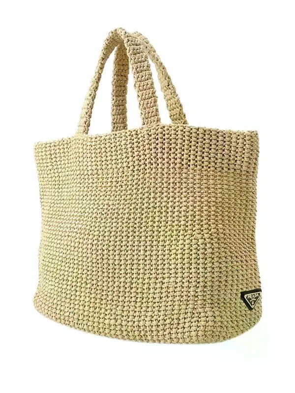 Prada Large Raffia Effect Crochet Embroidered Logo Tote Bag