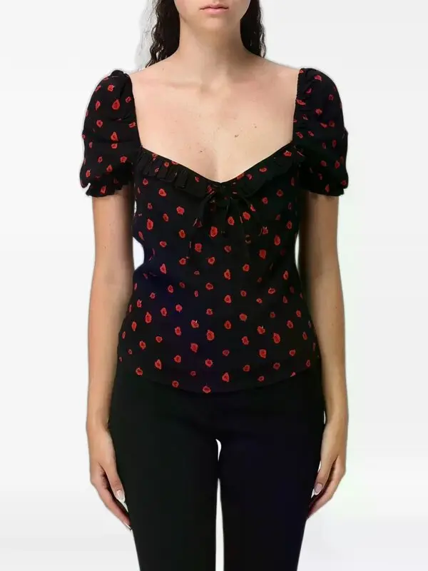MAR DE MARGARITAS Floral-print Ruffled Blouse - Black
