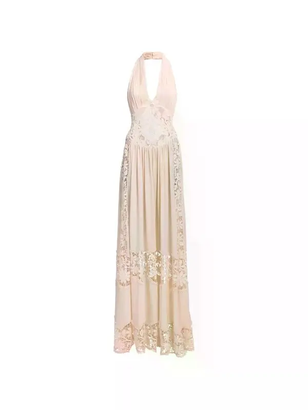 Elie Saab Macramé-panel Halter-neck Maxi Dress - Neutrals