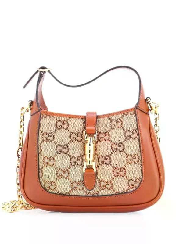 Gucci Jackie 1961 Chain Crystal Embellished Gg Canvas Mini Hobo Bag - Brown