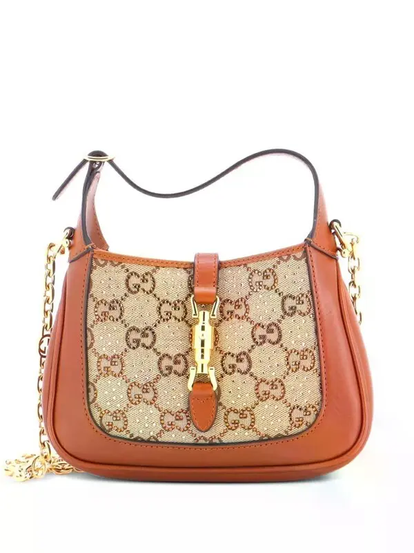 Gucci Jackie 1961 Chain Crystal Embellished Gg Canvas Mini Hobo Bag - Brown