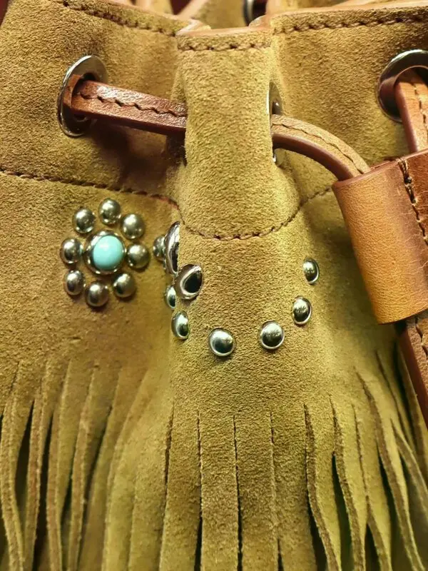 HTC LOS ANGELES Janis Fringes Studded Suede Bucket Bag - Neutrals