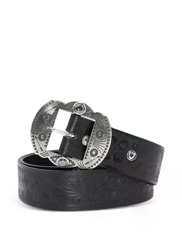HTC LOS ANGELES Floral-embossed Leather Belt - Black