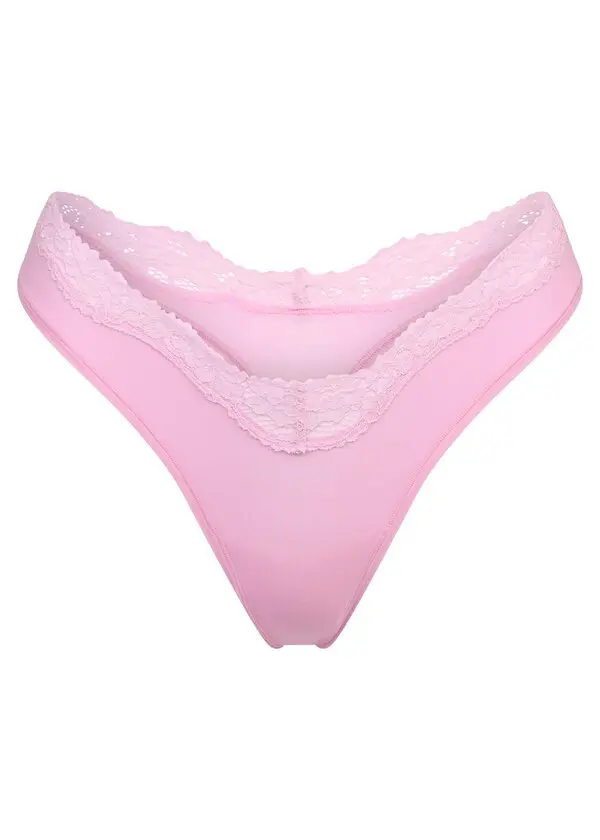 SKIMS Lace-trimmed Dipped Thong - Pink