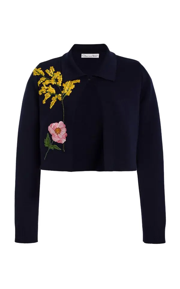 Oscar De La Renta Embroidered Wool Cropped Jacket