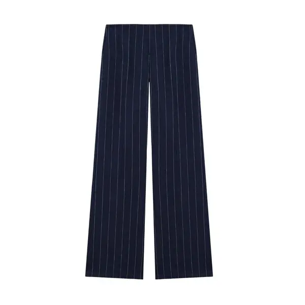 NOCTURNE Navy Pinstripe Wide Leg Trousers - Blue