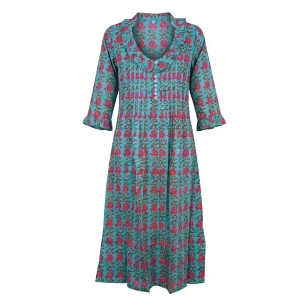 AT LAST... Blue / Pink Cotton Karen 3/4 Sleeve Day Dress In Summertime - Blue/pink