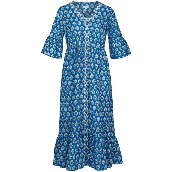 AT LAST... Blue / White Cotton Cannes Midi Dress In Royal Blue Berry - Blue/white