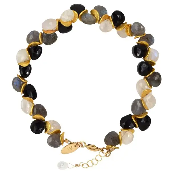 LORI KAPLAN DESIGN Grey / Neutrals / Black Monochromatic Moonstone Spinel Labradorite Signature Gold Bracelet - Grey/black
