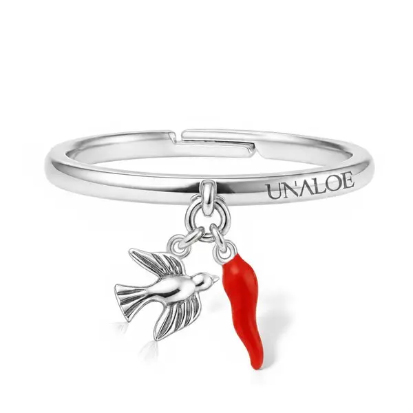 UNALOE Silver / Red Adjustable Sterling Silver Italian Horn And Dove Charm Ring - Silver/red