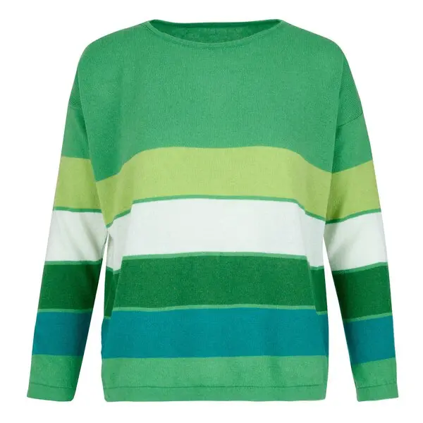 AT LAST... Cashmere Mix Sweater In With Solid Multi Stripes - Green