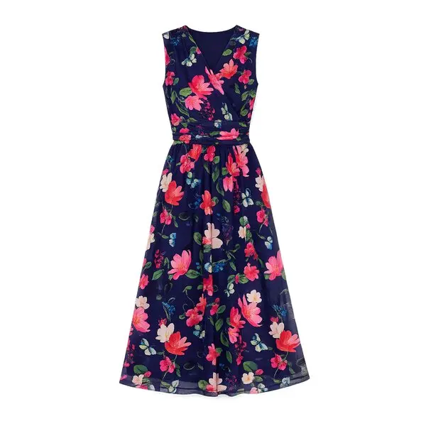 YUMI Navy Blurred Floral Print Mesh Stretch Midi Dress With Pockets - Blue