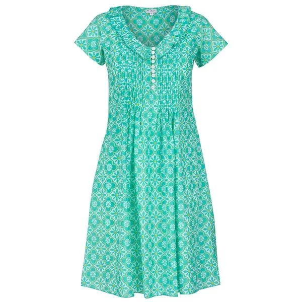 AT LAST... White / Blue Cotton Karen Short Sleeve Day Dress In Turquoise & White Flower - White/blue