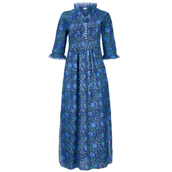 AT LAST... Cotton Annabel Maxi Dress In Royal With & Green Flower - Blue