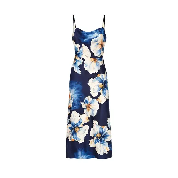 YUMI Navy Cowl Neck Satin Floral Dress - Blue