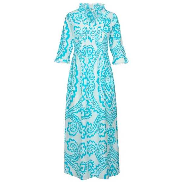 AT LAST... Blue / White Cotton Annabel Maxi Dress In Turquoise & White Ikat - Blue/white