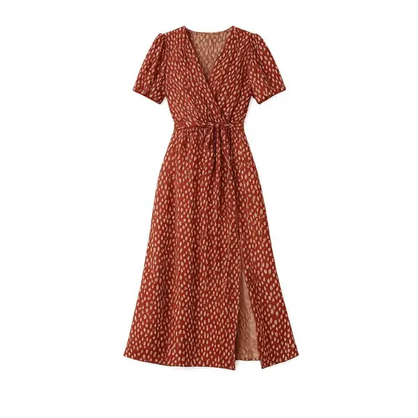 YUMI Spot Wrap Midi Dress - Brown