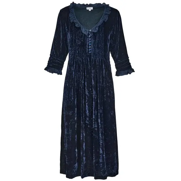 AT LAST... Silk Velvet Karen Dress In Navy - Blue