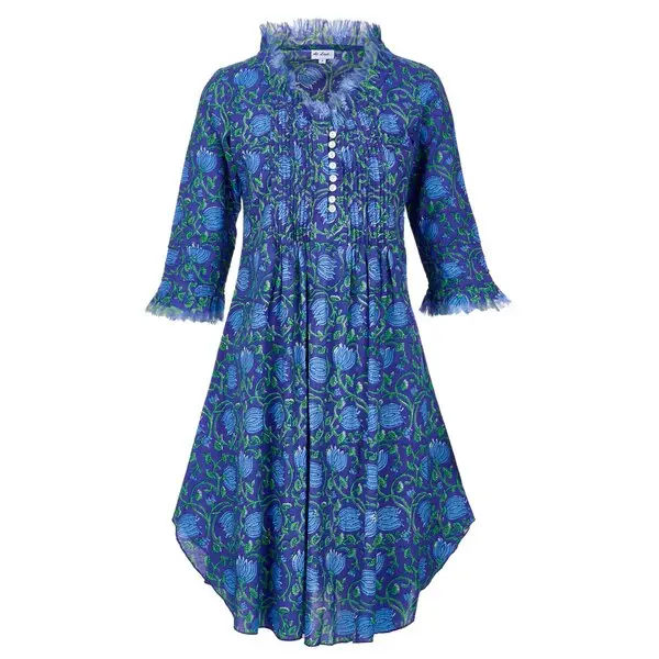 AT LAST... Annabel Cotton Tunic In Royal With & Green Flower - Blue
