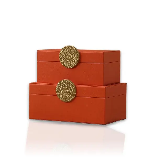 MARLETH Set Of Two Leather Storage Boxes – Faux Leather With Honeycomb Brass Detail - Orange