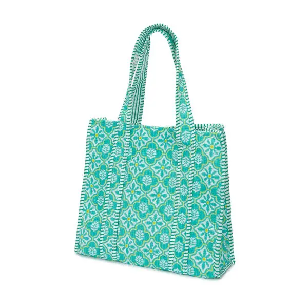 AT LAST... Medium Cotton Tote Bag In Turquoise & White Flower - Blue