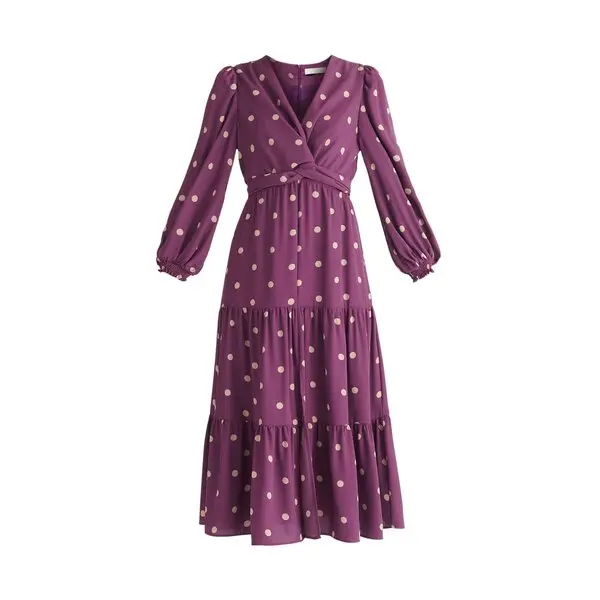 PAISIE Tiered Hem Polka Dot Dress In Purple And Cream - Pink