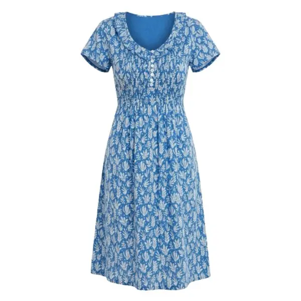 AT LAST... Blue / White Cotton Karen Short Sleeve Day Dress In Sea Fern - Blue/white
