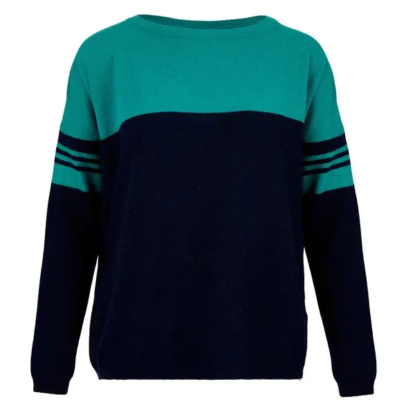 AT LAST... Cashmere Mix Sweater In Teal & Navy With Navy Arm Rings - Blue