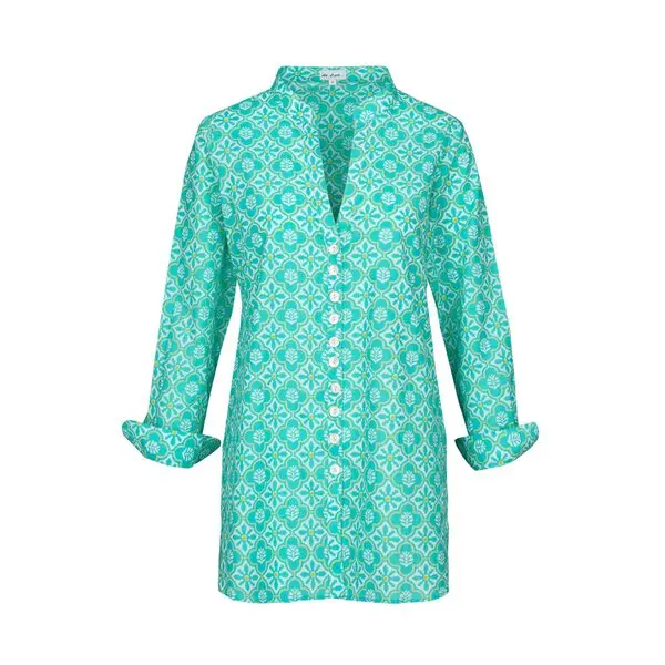 AT LAST... Blue / White Cotton Louise Shirt In Turquoise & White Flower - Blue/white