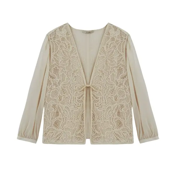 NOCTURNE Neutrals Lace Front Sheer Sleeve Jacket - Beige