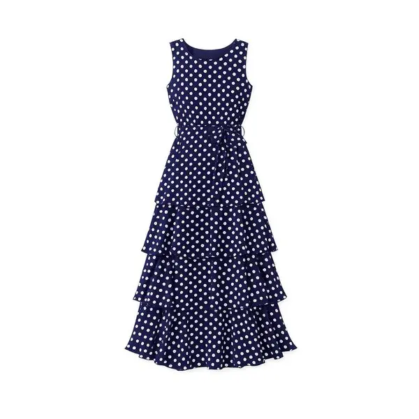 YUMI Navy Spot Tiered Midi Dress - Blue