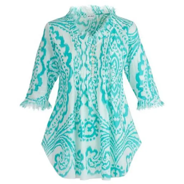 AT LAST... Sophie Cotton Shirt In Turquoise & White Ikat - Blue